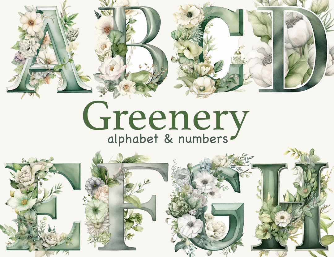 Greenery Alphabet Lettering and Numbers Clipart, Watercolor Floral Clip ...