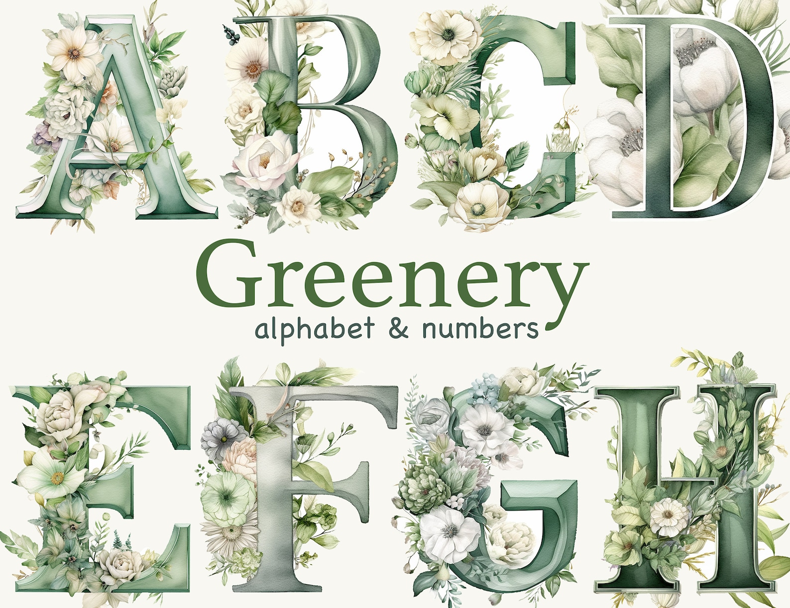 Greenery Alphabet Lettering and Numbers Clipart Watercolor - Etsy