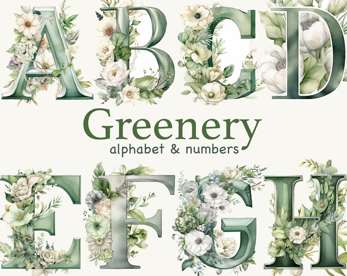 Greenery Alphabet Lettering and Numbers Clipart, Watercolor Floral Clip ...