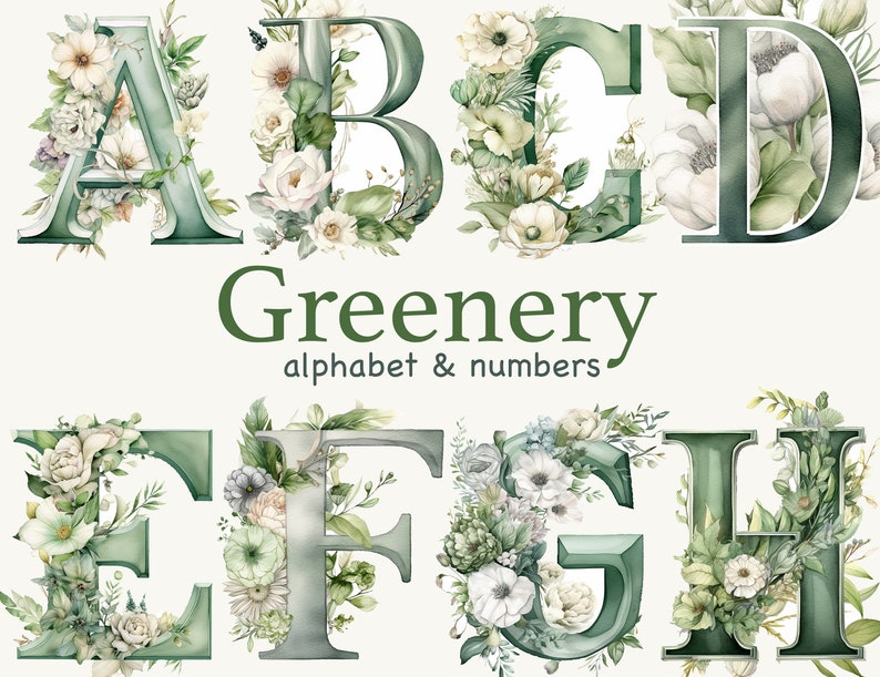 Greenery Alphabet Lettering and Numbers Clipart Watercolor - Etsy