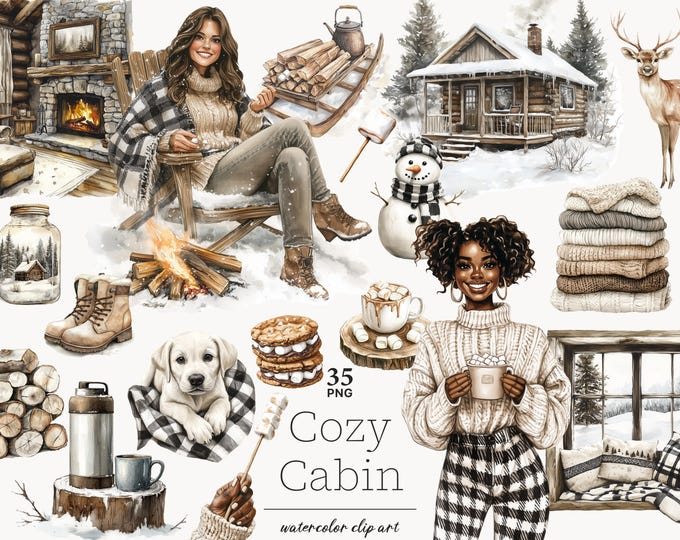 Watercolor Winter Mood Clipart, Cozy Winter Clip Art Bundle, Rustic ...