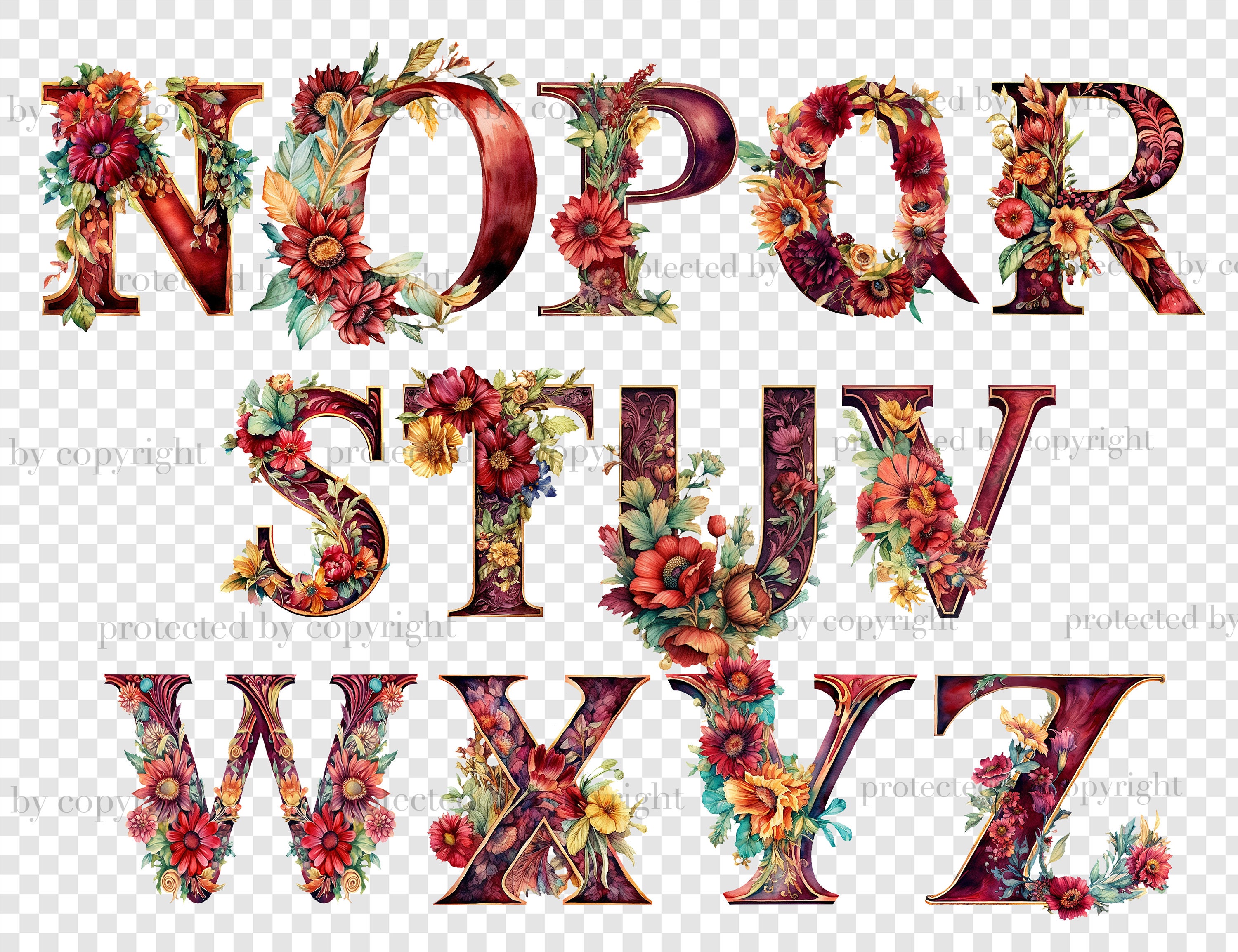 Boho Wedding Alphabet Clipart: Burgundy Floral Letters PNG (digital ...