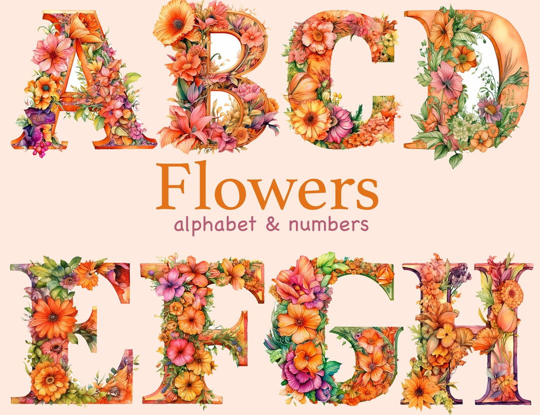 Alphabet Flowers Clipart, Floral Alphabet Lettering and Numbers Clipart ...