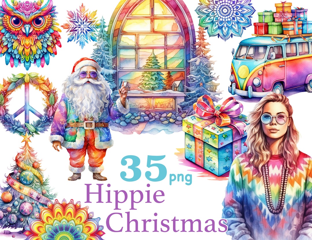 Hippie Christmas Clipart, 70s Retro Clipart Bundle, Boho Hippie Png ...