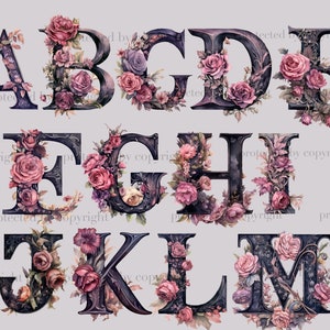 Gothic Floral Alphabet: Watercolor Dark Roses Letters Clipart (PNG) - Etsy