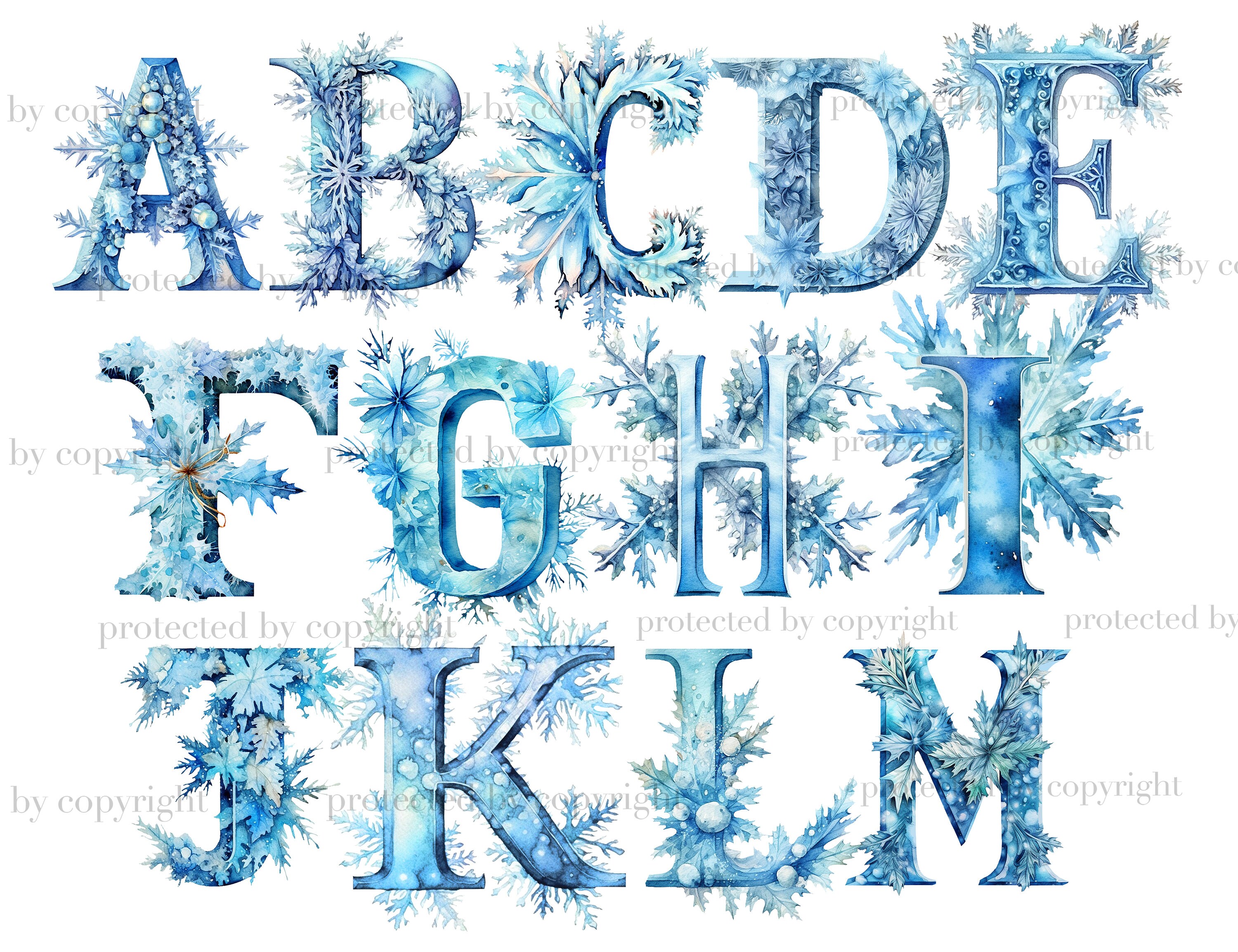 Winter Snowflake Alphabet Clipart: Blue Invitation Letters (PNG ...