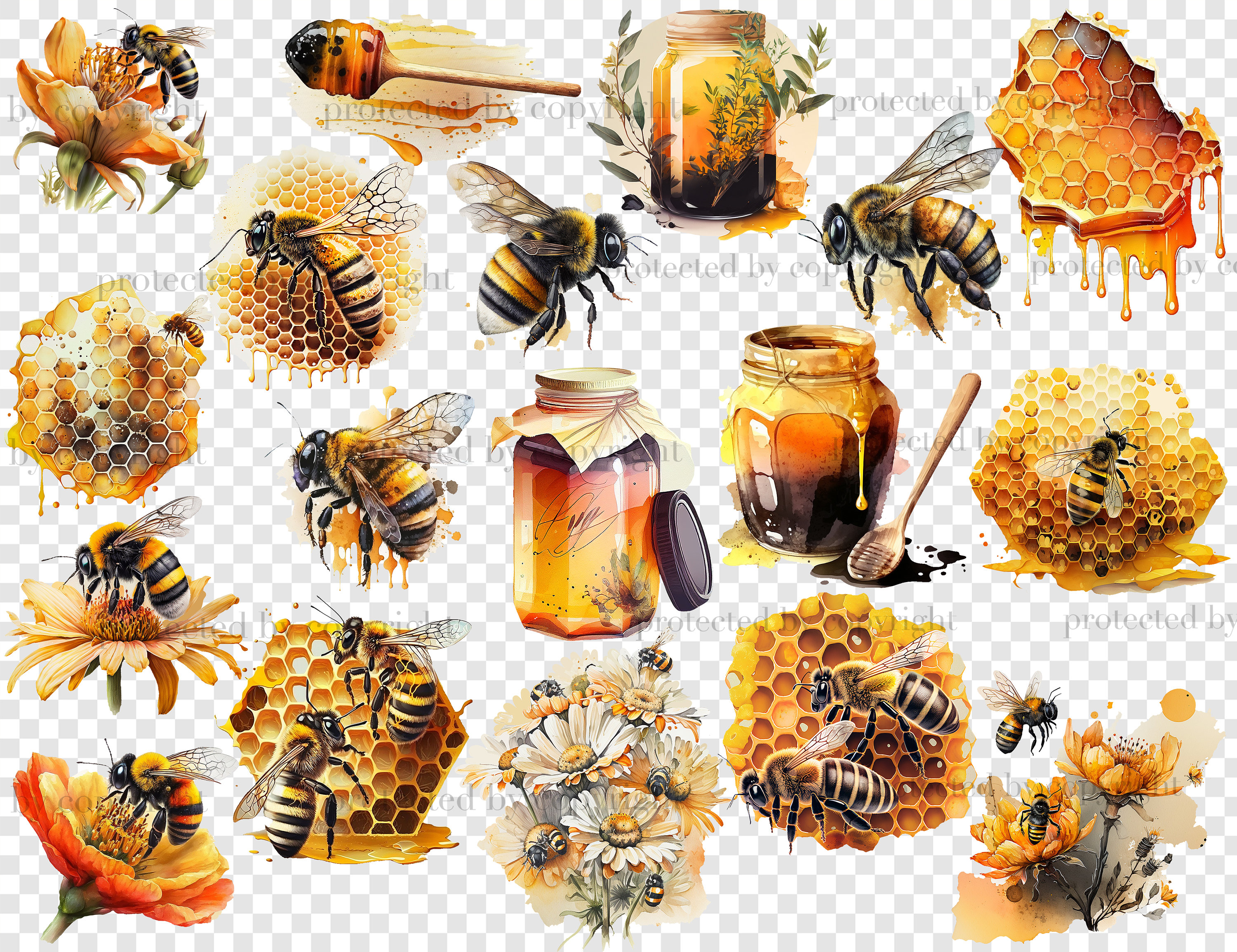 Honey Bee Clip Art Watercolor Bees Clipart Garden Bee and - Etsy
