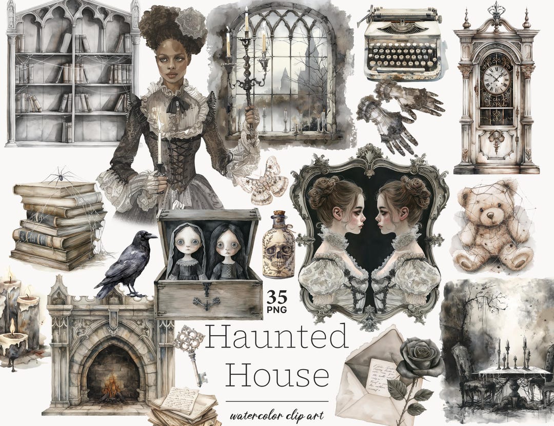 Creepy Haunted House Clipart: Gothic Witch & Vampire PNG (digital ...