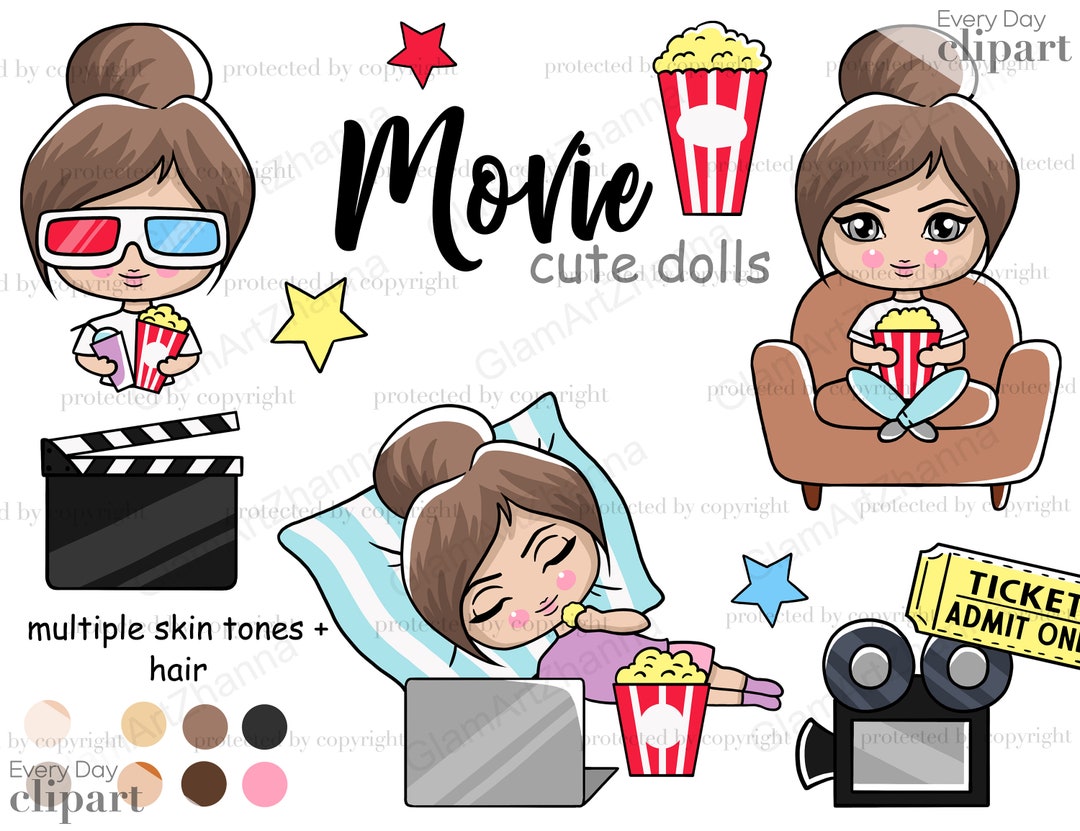 Movie Night Functional Girl Clipart, Cinema Girl Clipart, Kawaii Girl ...