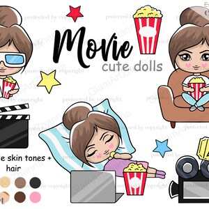 Movie Night Functional Girl Clipart, Cinema Girl Clipart, Kawaii Girl ...