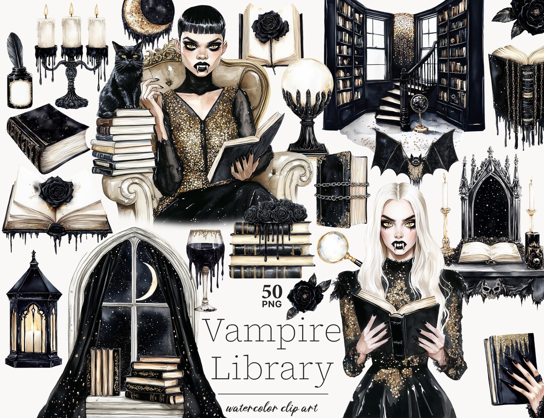 Halloween Clipart: Gothic Library, Vampire Girl, Haunted Mansion (PNG ...