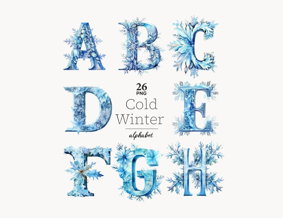 Winter Snowflake Alphabet Clipart: Blue Invitation Letters (PNG ...