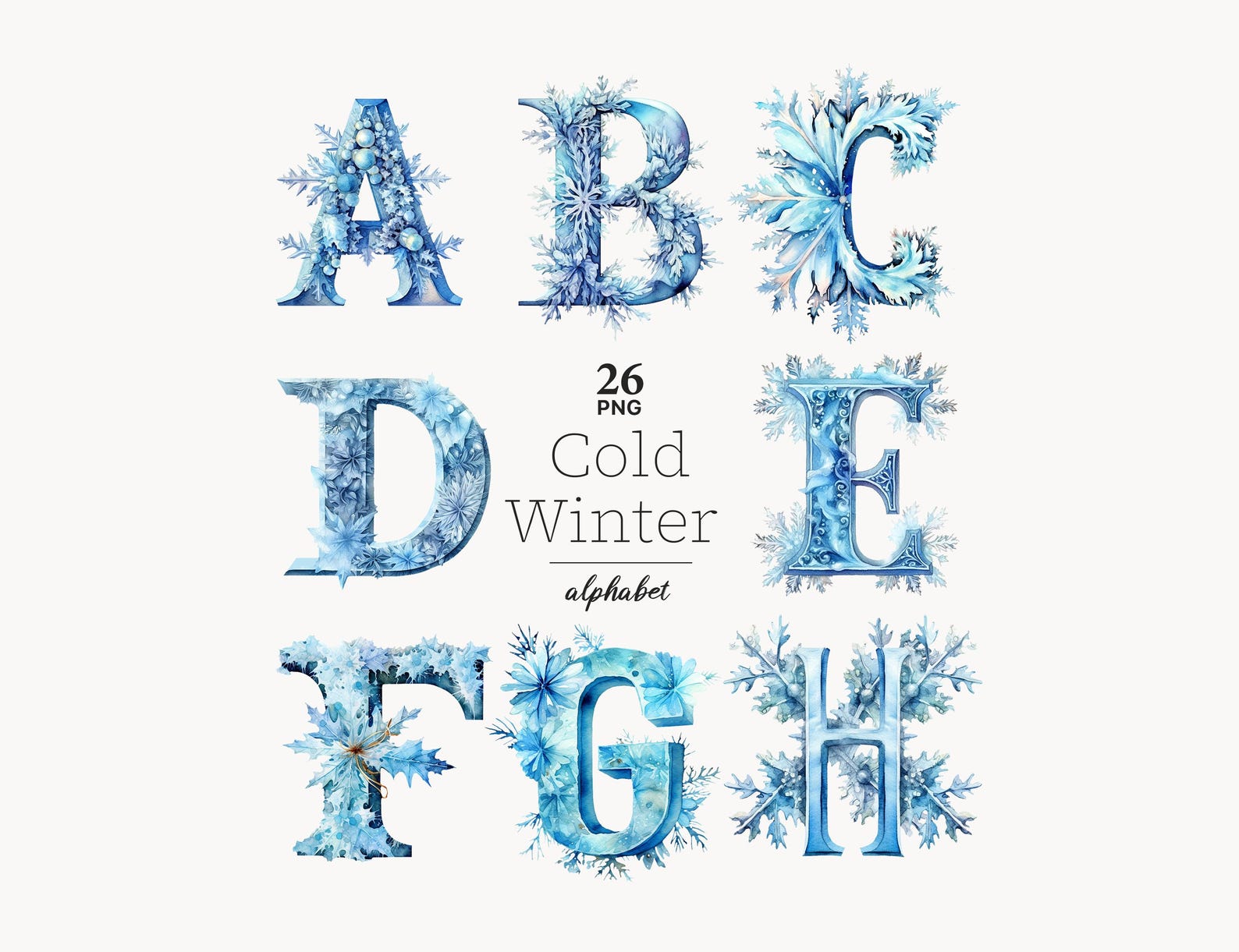 Winter Snowflake Alphabet Clipart: Blue Invitation Letters (PNG ...