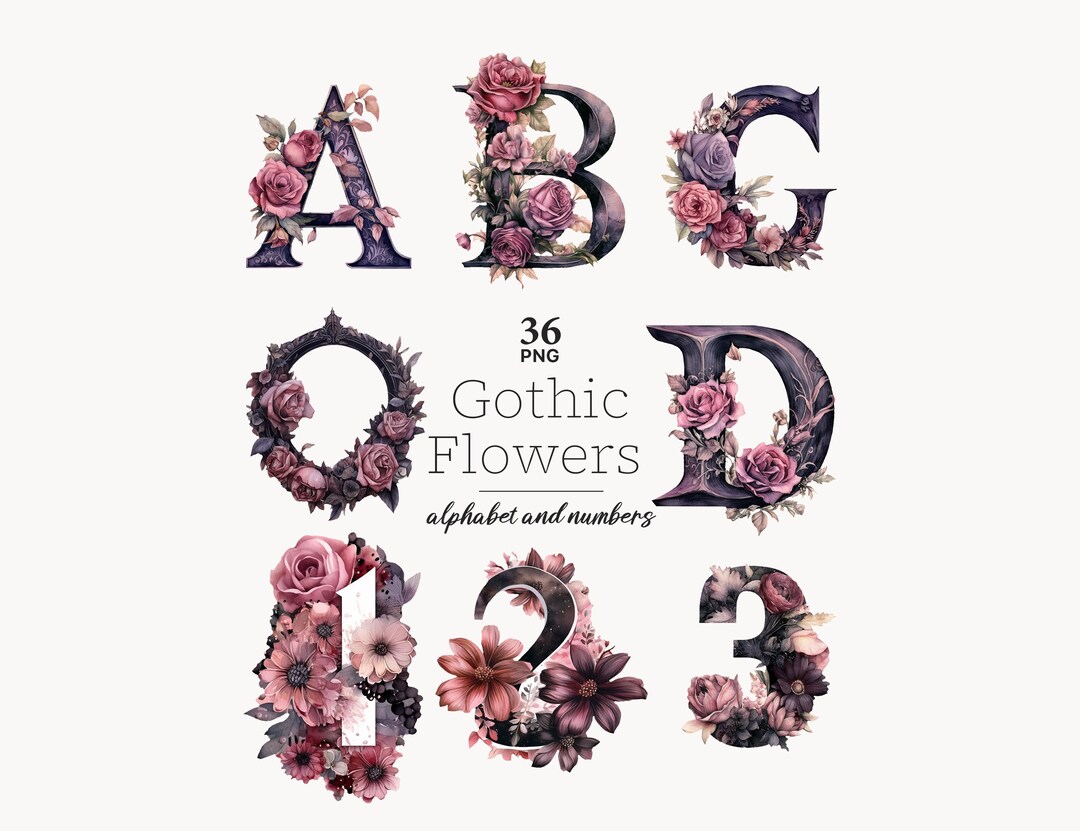 Gothic Floral Alphabet: Watercolor Dark Roses Letters Clipart (PNG) - Etsy