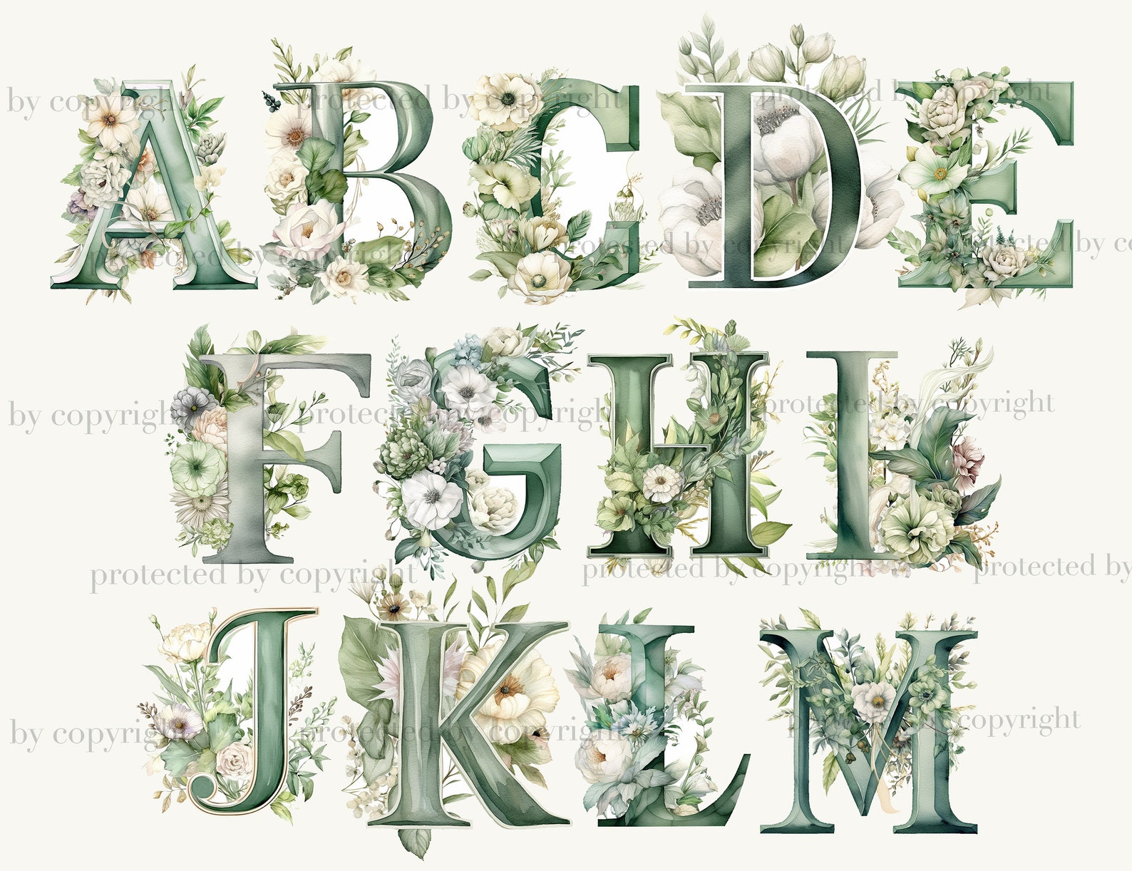 Greenery Alphabet Lettering and Numbers Clipart Watercolor - Etsy