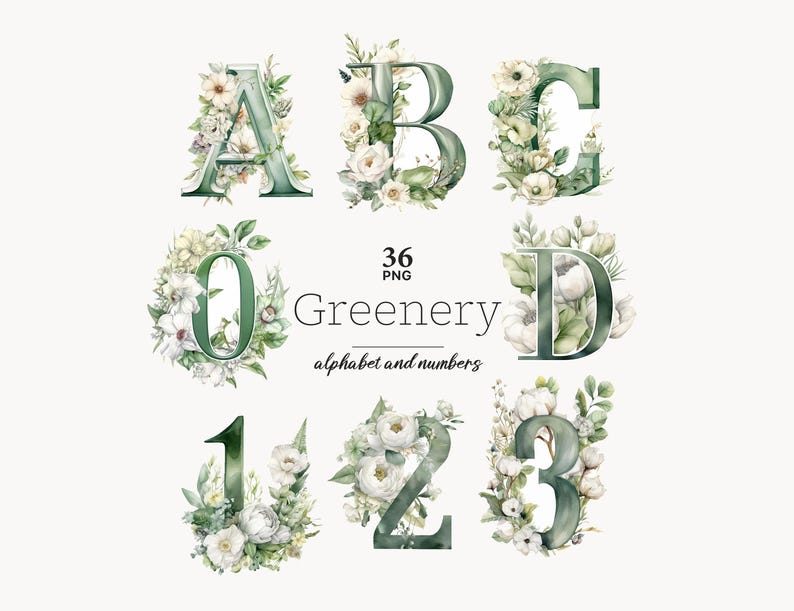 Green Floral Alphabet Clipart: Greenery Letters & Numbers (PNG Digital ...