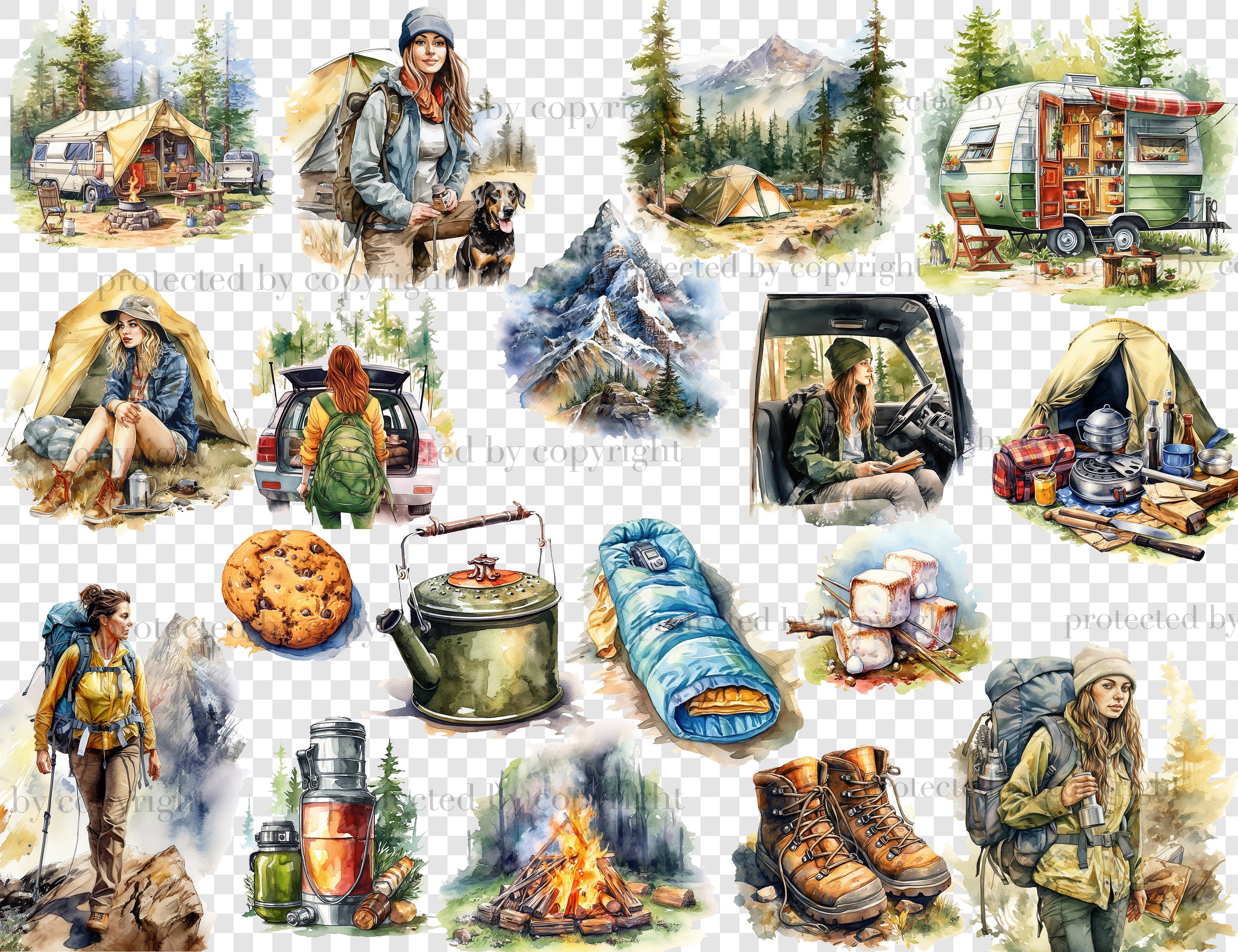 Camping Clipart Bundle, Hiking Clipart PNG, Camping Girl Junk Journal ...