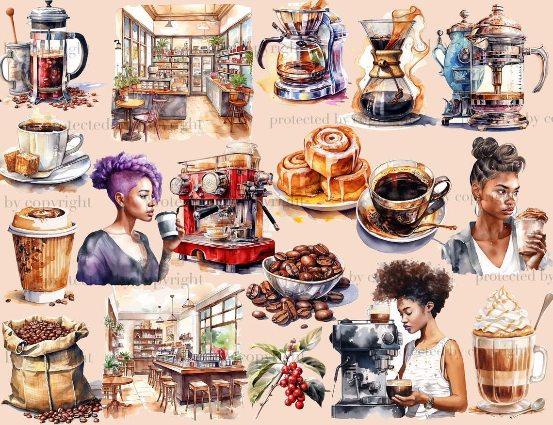 Watercolor Coffee Clipart Bundle: Mugs, Beans, & Fashion Girl (PNG ...