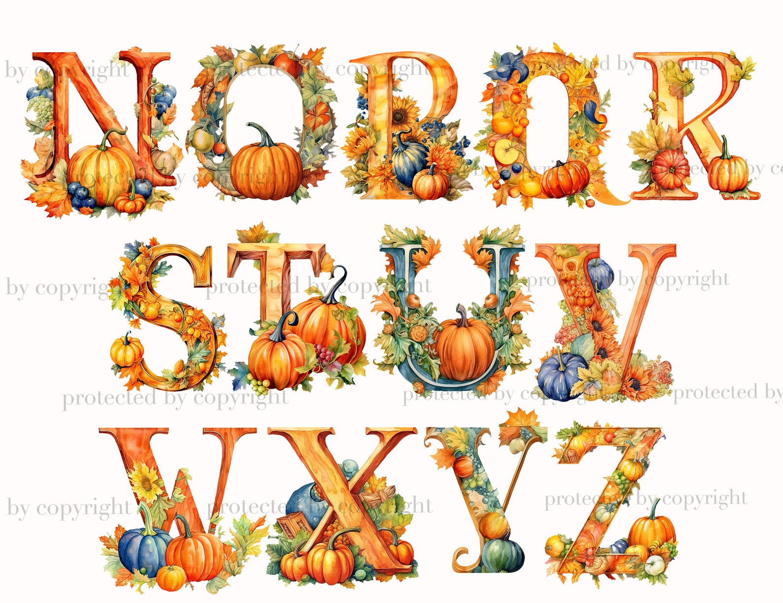 Pumpkin Alphabet Letters Clipart Png, Watercolor Floral Clip Art ...