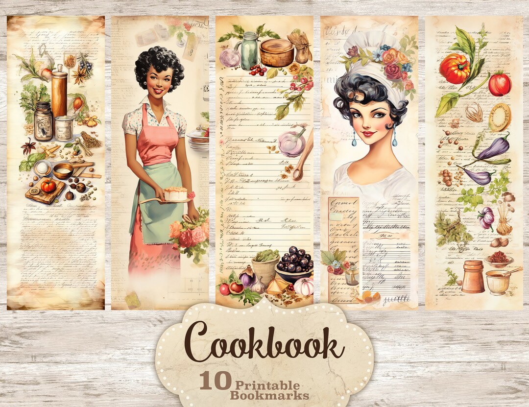 Cookbook Bookmarks: Vintage Kitchen Art, Printable Bookmark Set ...