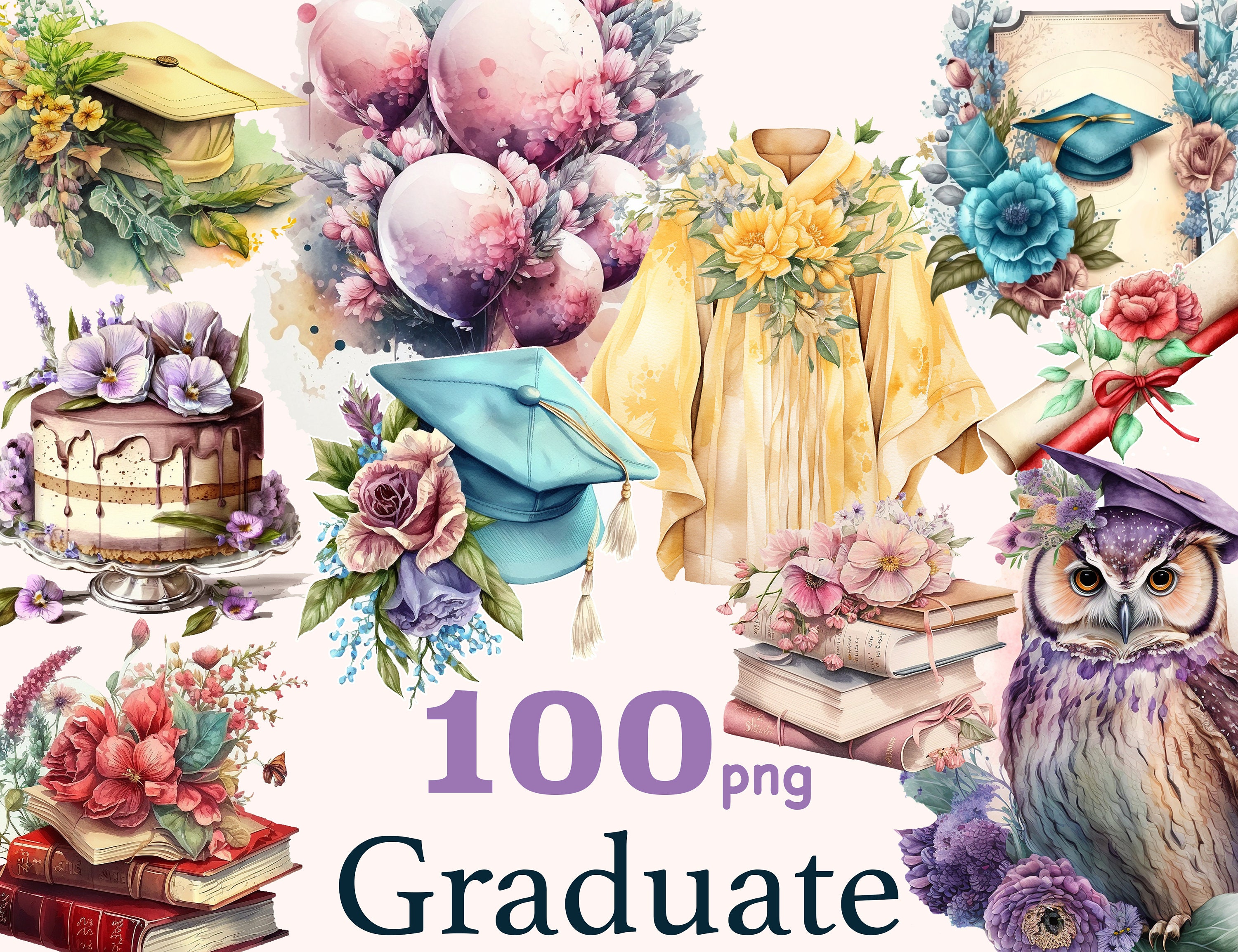 Watercolor Graduation Clipart Flowers Graduate Clipart - Etsy