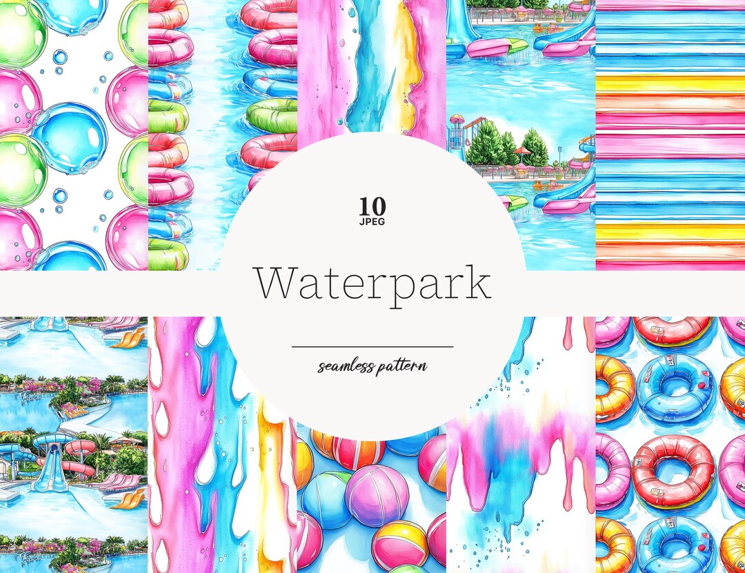 Water Park Digital Paper Summer Seamless Pattern Collection Bright Aqua ...