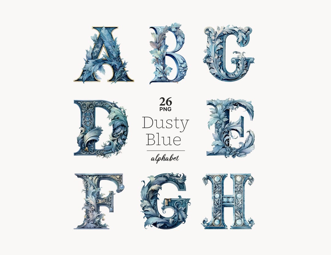 Blue Floral Alphabet Clipart: Watercolor Wedding Letters (PNG Digital ...