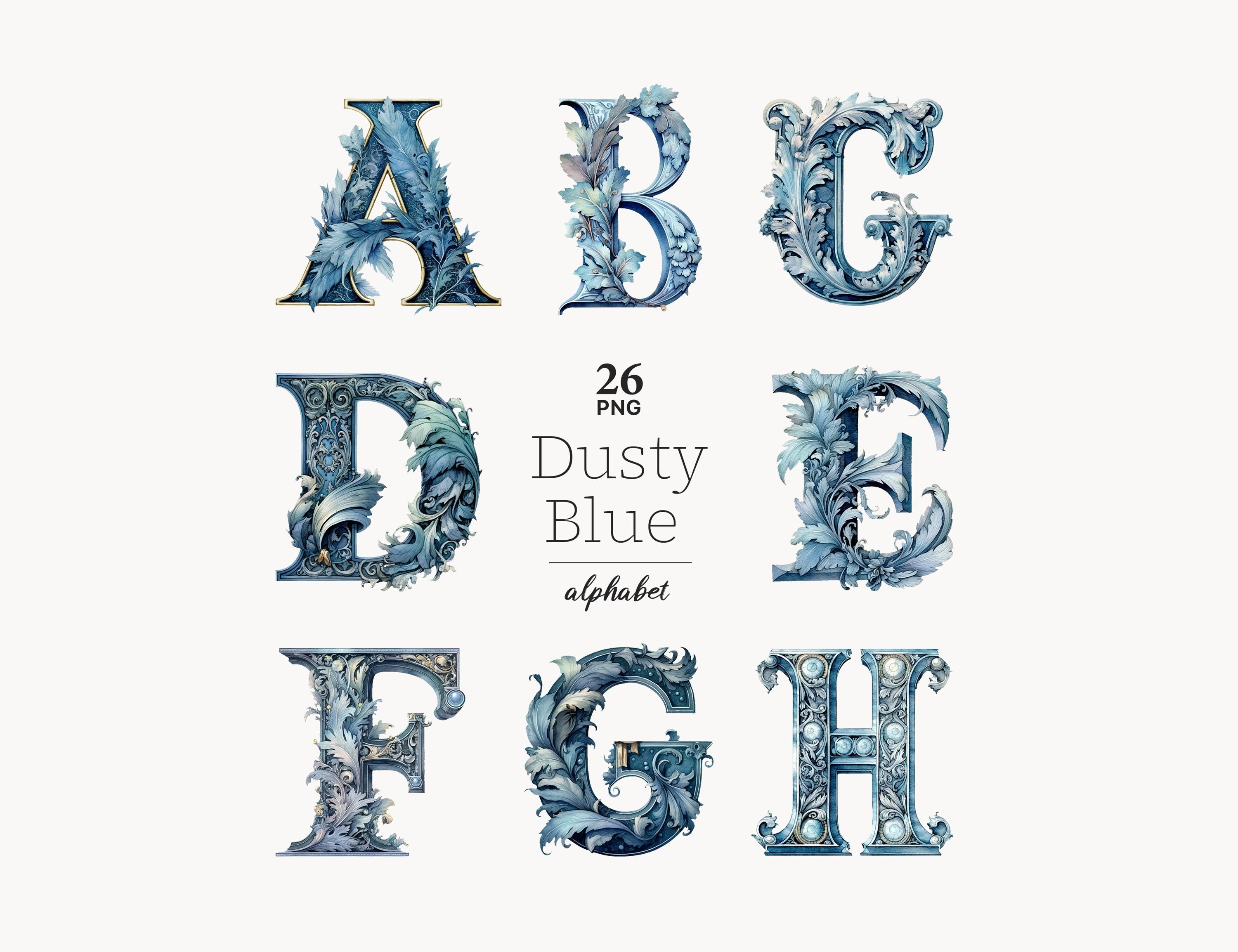 Blue Floral Alphabet Clipart: Watercolor Wedding Letters (PNG Digital ...