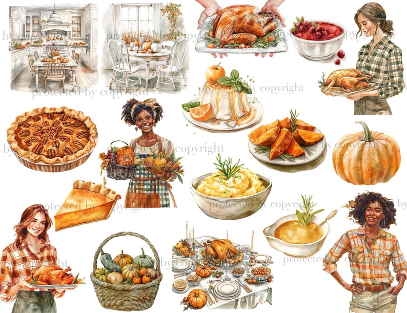 Thanksgiving Clipart Set: Autumn Dinner, Table PNG Graphics (digital ...