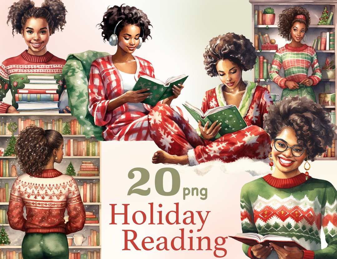 Holiday Reading Black Girls Clipart, Winter Reading Clipart, Christmas ...