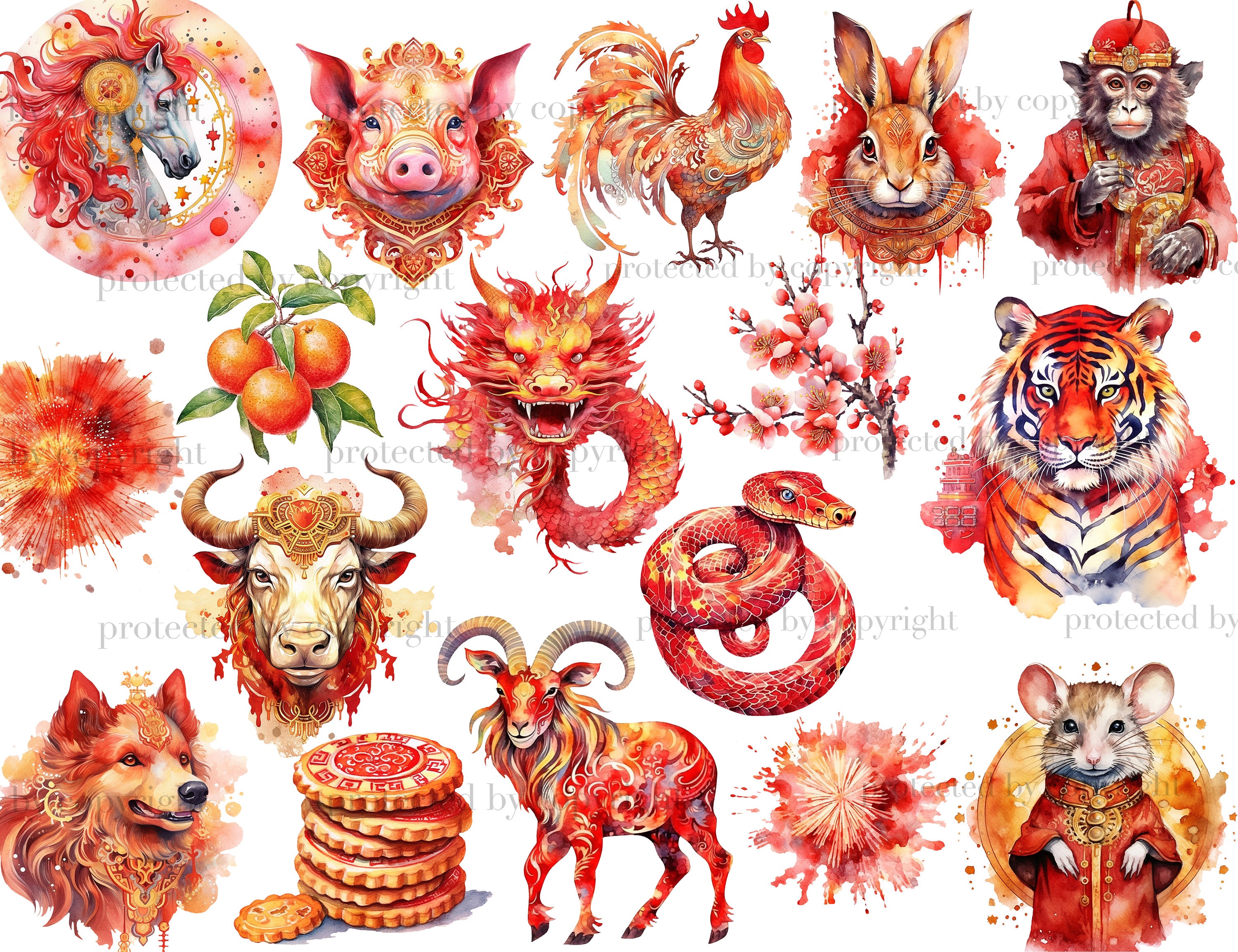 Chinese New Year Watercolor Clipart: Zodiac Animals (digital Download ...