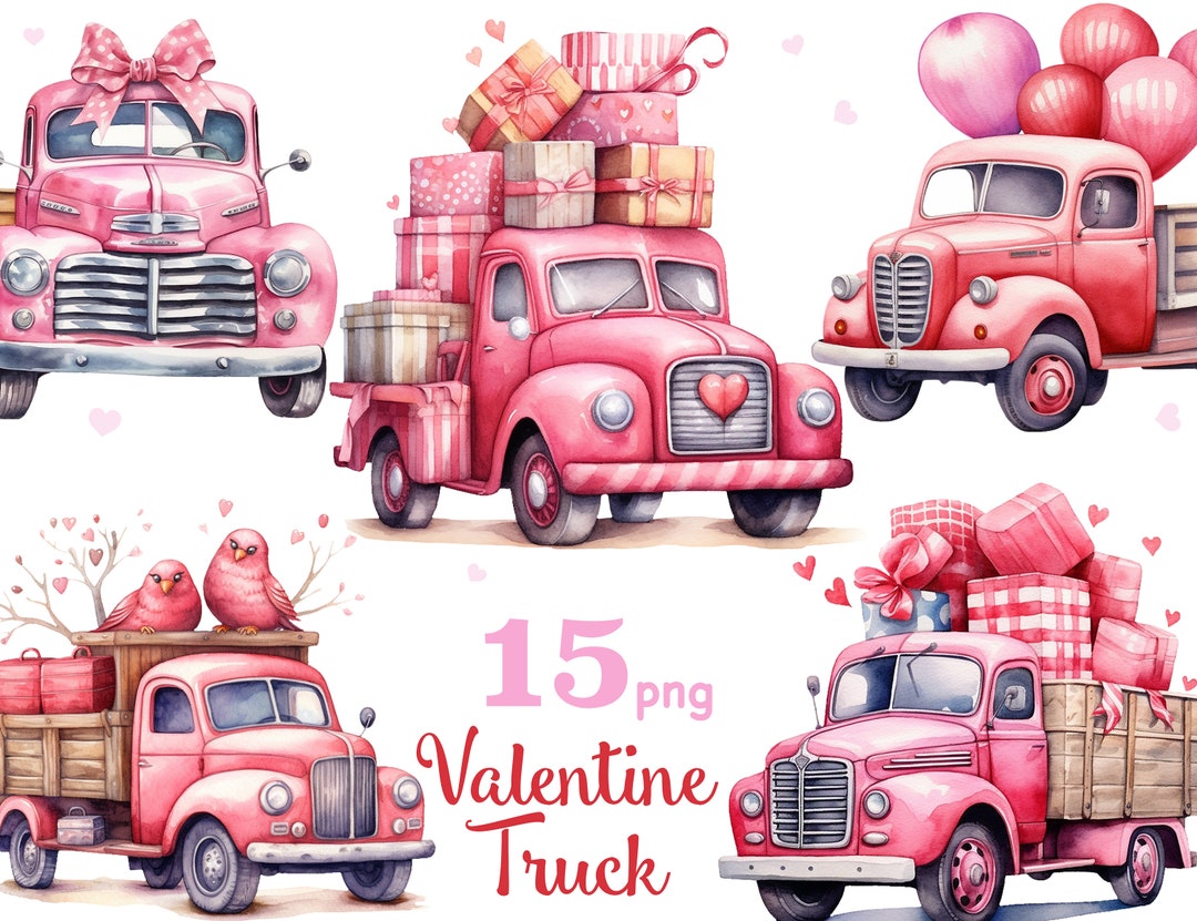 Pink Valentine Truck Clipart, Red Valentine Truck Clipart, Valentine’s ...