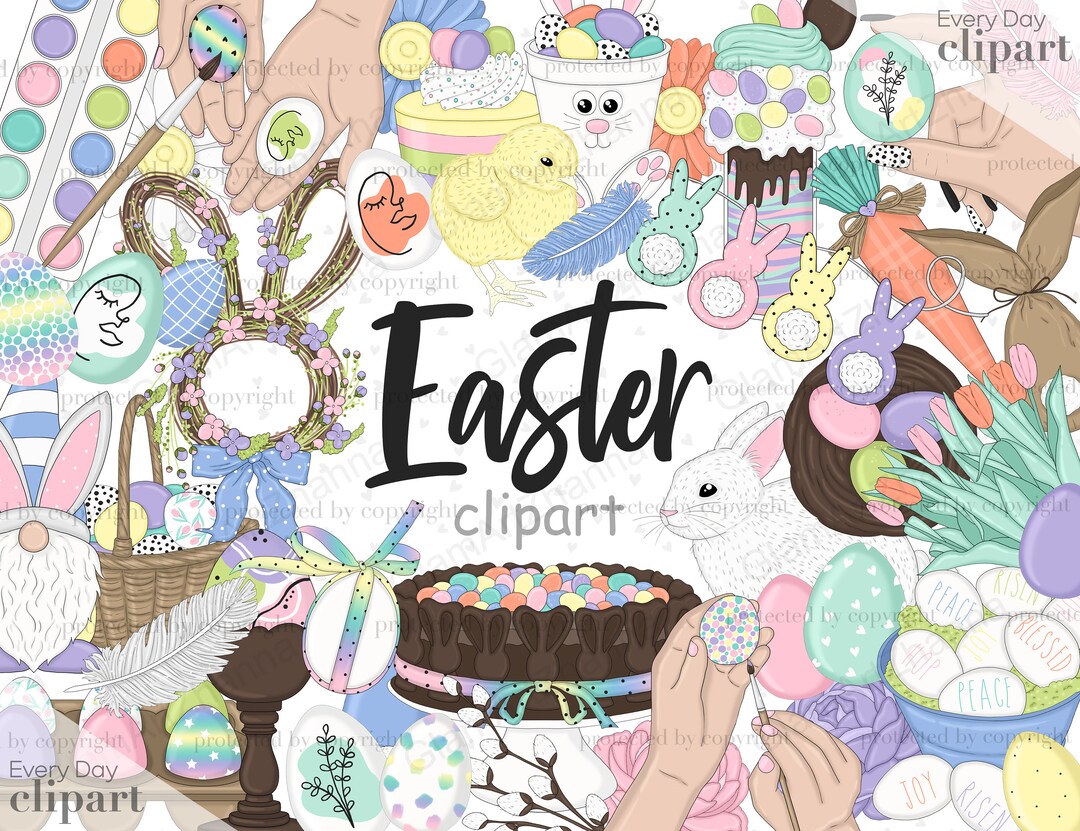 Easter Pastel Clipart: Bunny, Eggs, Spring Graphics (PNG, PDF) - Etsy