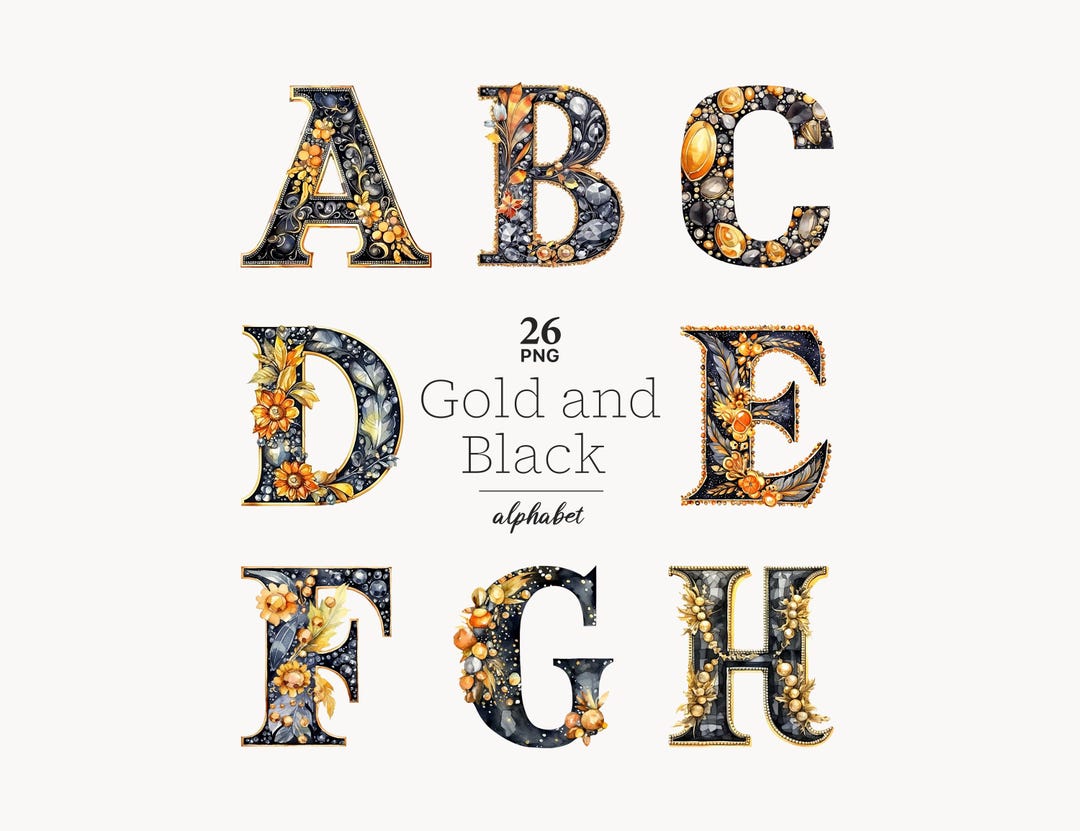 Gold and Black Glam Alphabet PNG: Flapper Font Clipart (digital ...