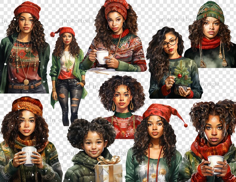 Christmas Black Girl Clipart: Winter Fashion PNG Bundle (20 Files ...