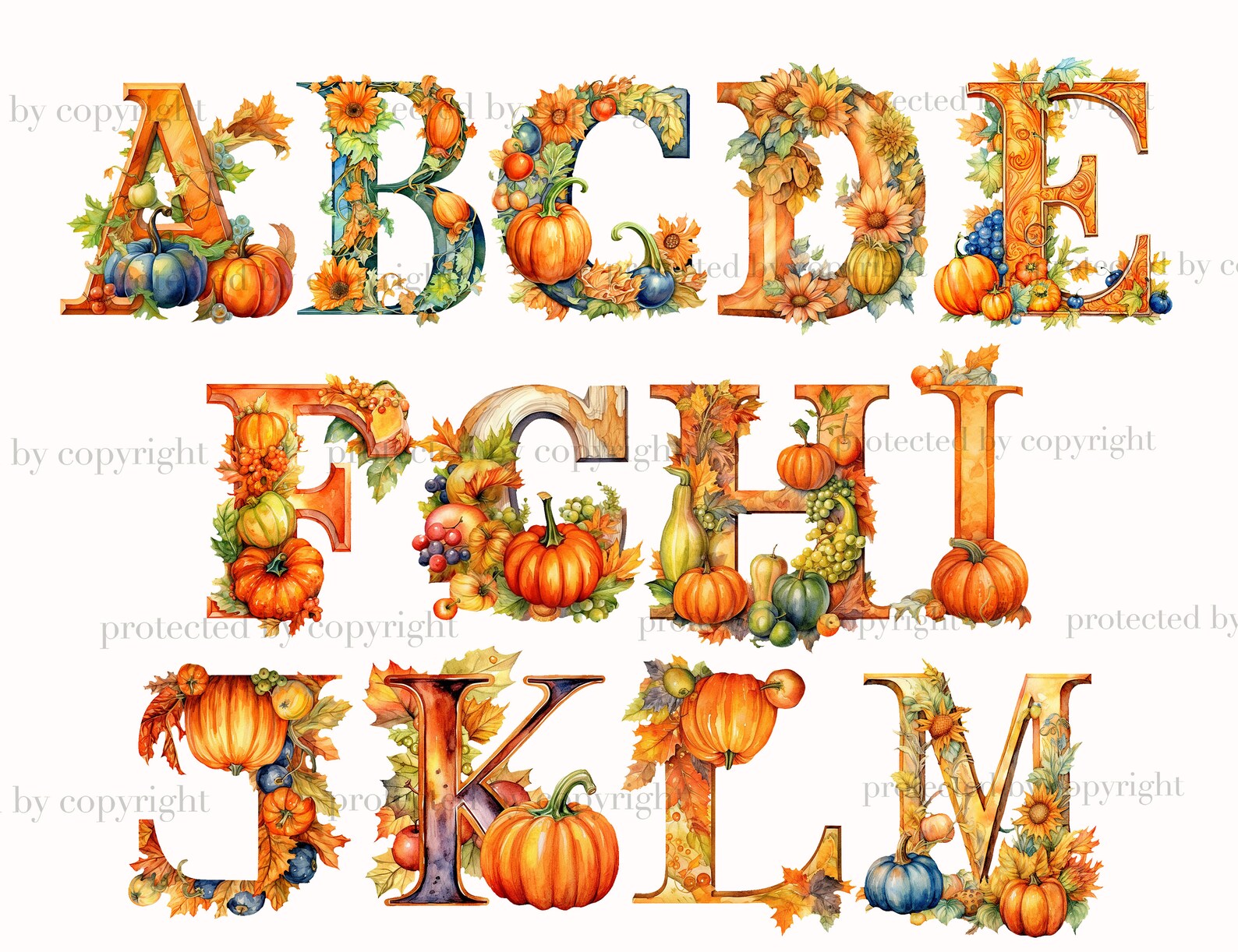 Pumpkin Alphabet Letters Clipart Png, Watercolor Floral Clip Art ...