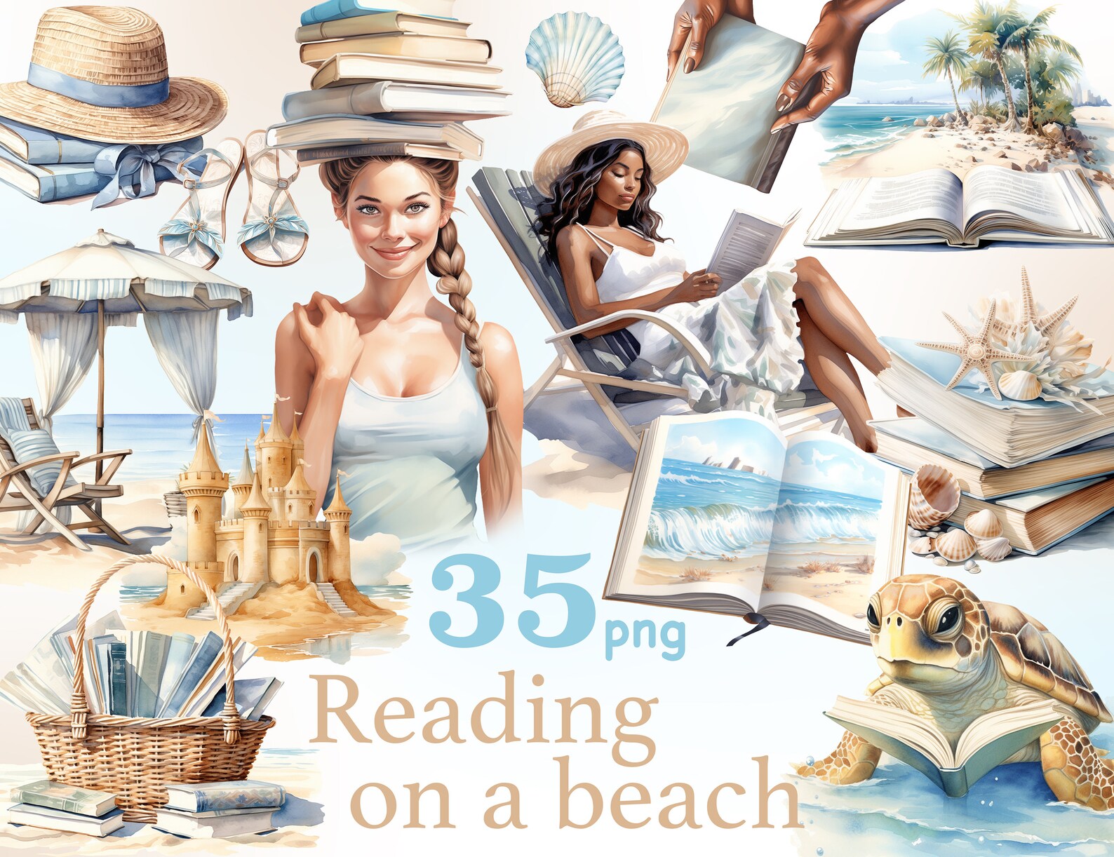 Reading on a Beach Clipart, Reading on a Beach Png, Summer Reading ...