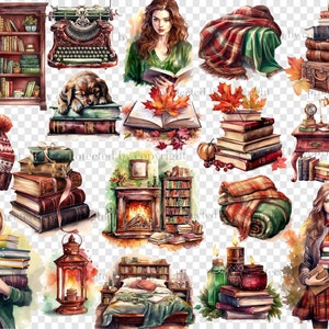 Cozy Autumn Reading Clipart, Autumn Books Clip Art Png, Woman Reading ...