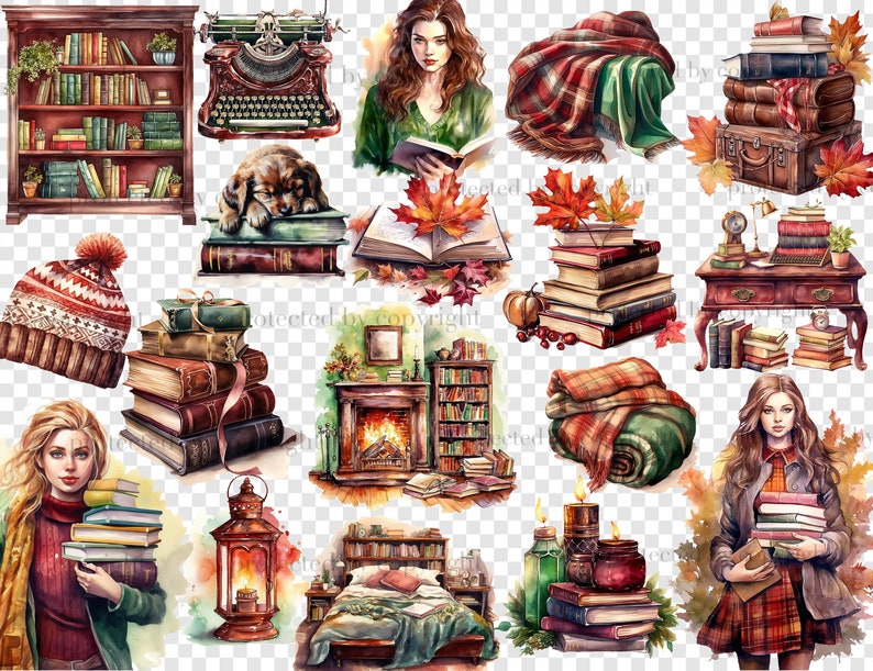 Cozy Autumn Reading Clipart Autumn Books Clip Art Png Woman - Etsy