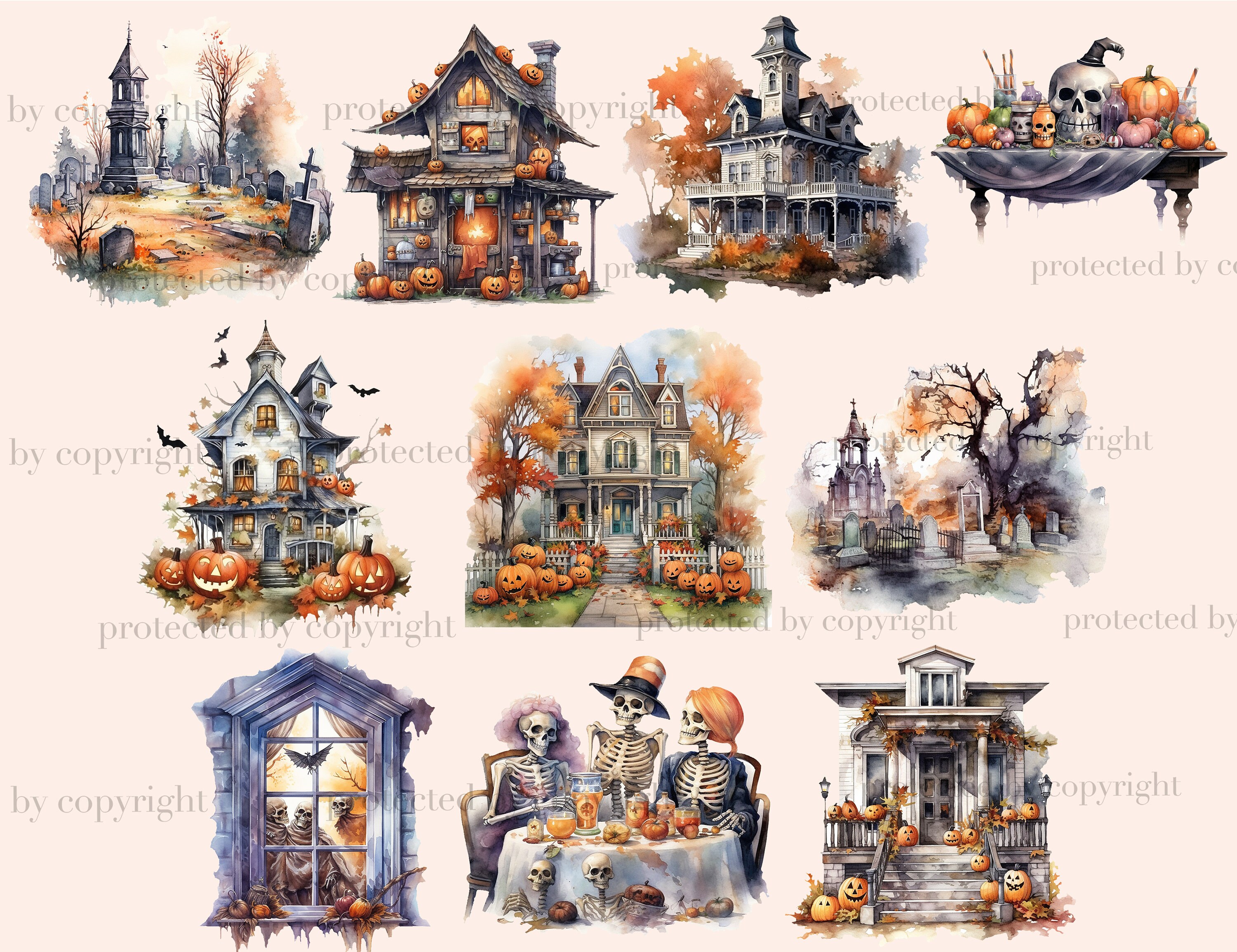 Haunted House Scene Clipart Trick or Treat Clipart Halloween - Etsy