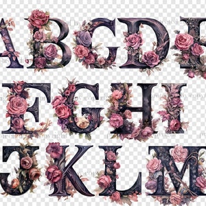 Gothic Floral Alphabet: Watercolor Dark Roses Letters Clipart (PNG) - Etsy