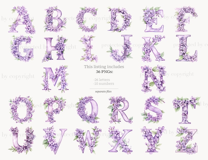 Afdrukbaar lila alfabet lavendel bloem letters paars lente zomer ...