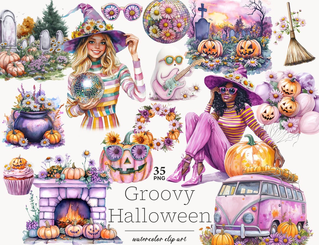 Retro Halloween Clipart: Groovy 70s Style PNG Graphics (digital ...