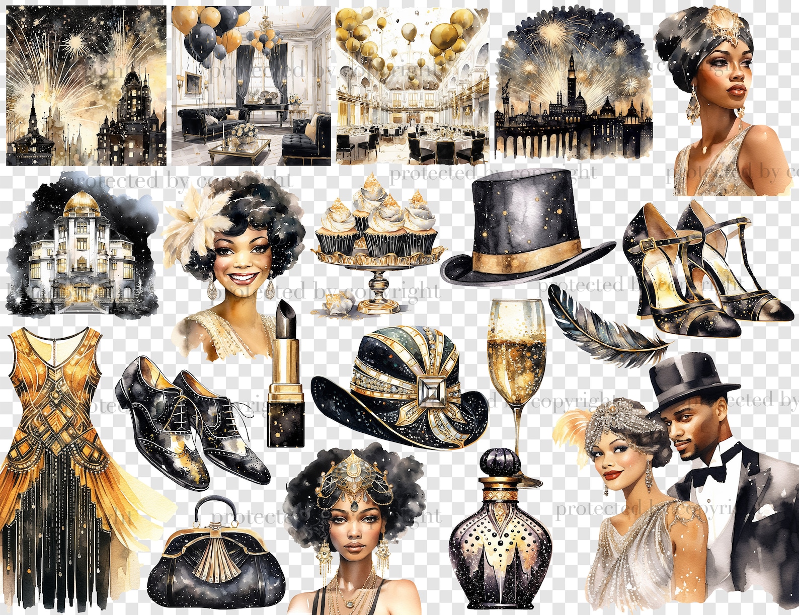 1920s Party Png, Art Deco Wedding Invitation Clipart, Black Flapper ...