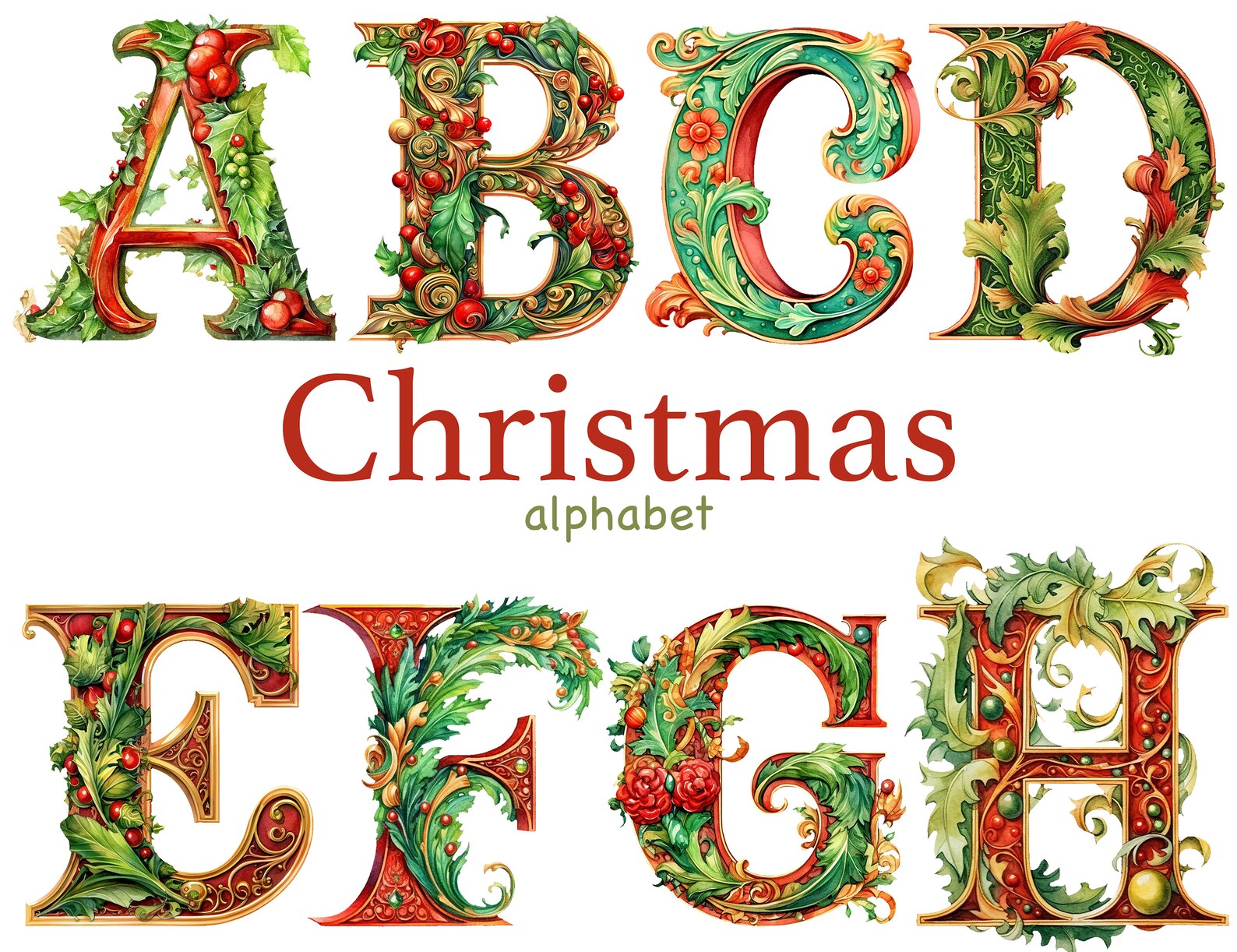 Christmas Alphabet Letters Clipart Png Watercolor Floral Clip - Etsy