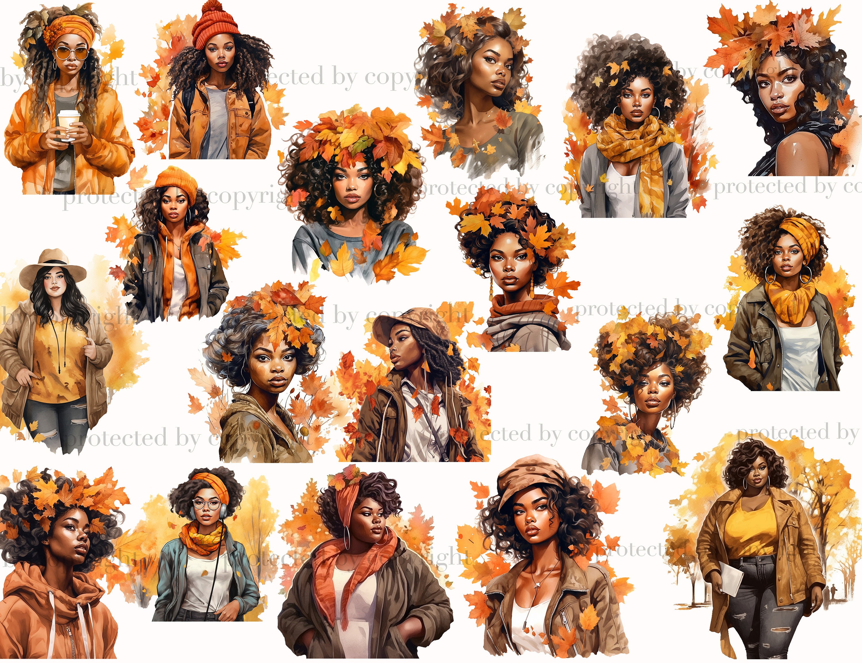 Watercolor Autumn Black Girl Clipart Png Fashion Girl - Etsy