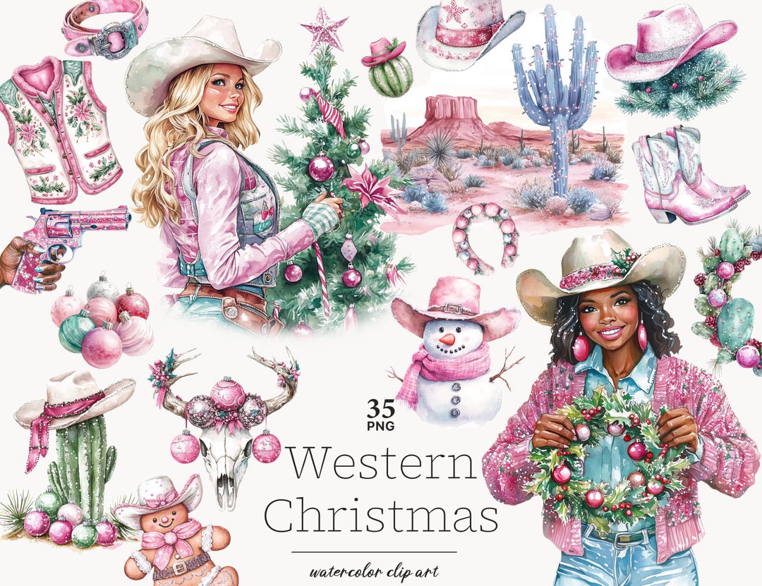 Western Christmas Clip Art for Planner Stickers Pink Christmas Png ...