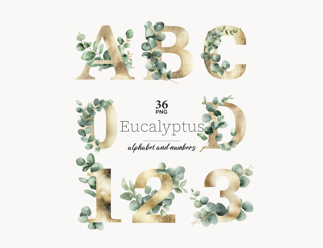 Eucalyptus Alphabet Wedding Greenery Letters Elegant Clipart Gold ...