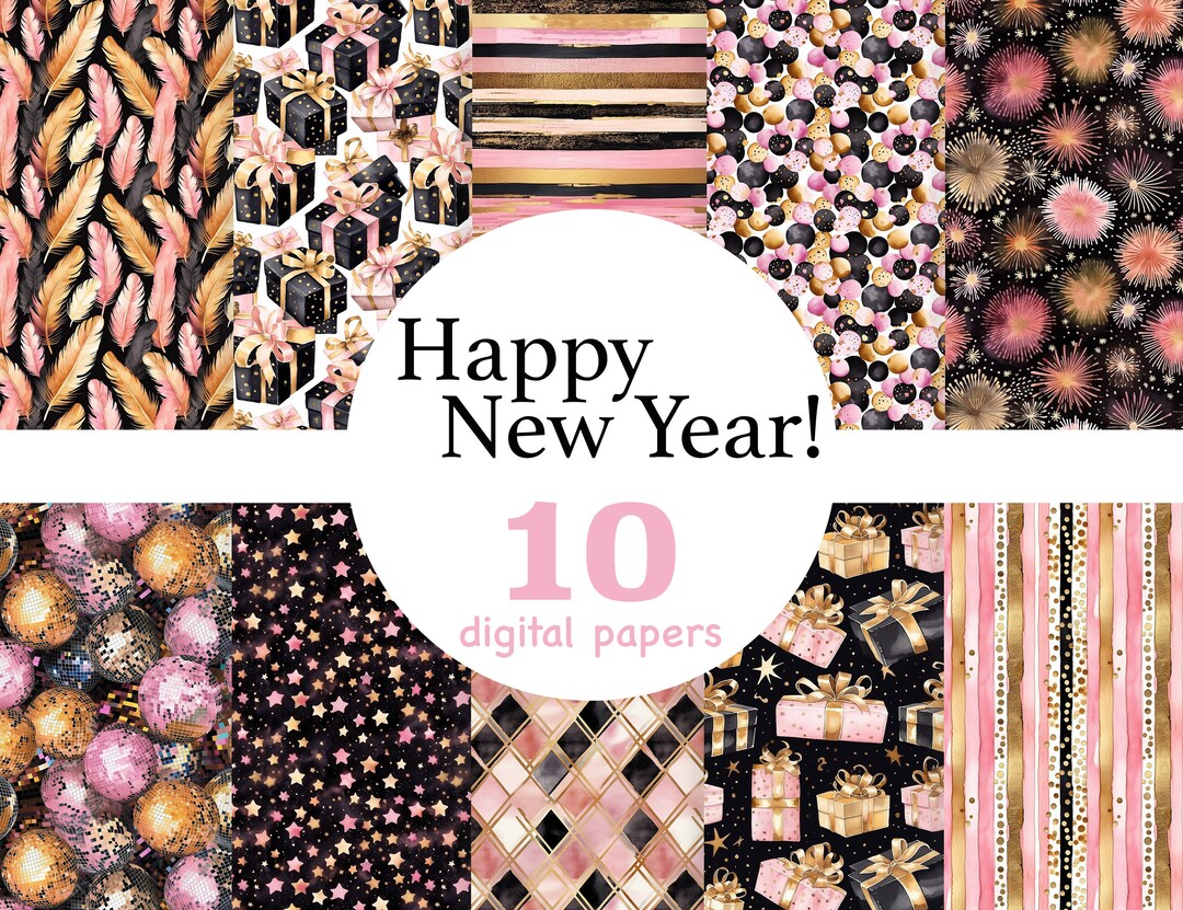 Black and Pink Digital Paper, Happy New Year Seamless Patterns, Party ...