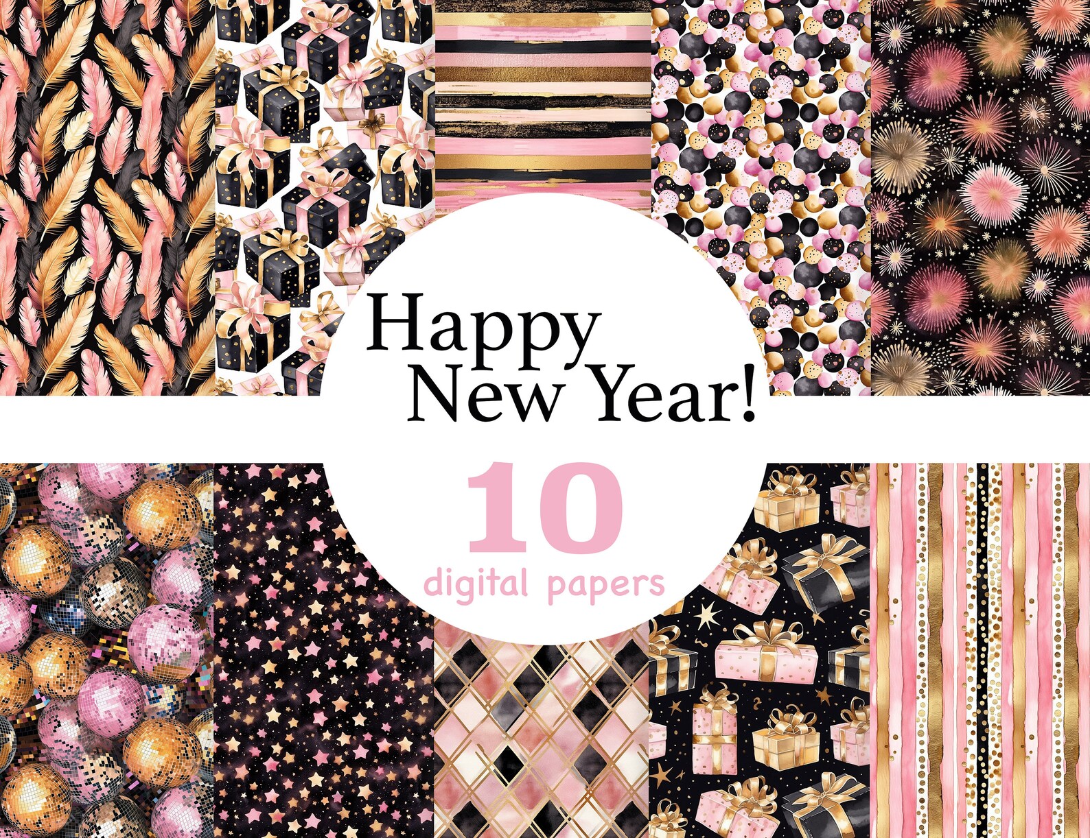 Black & Pink New Year Digital Paper: Seamless Party Patterns (JPEG) - Etsy